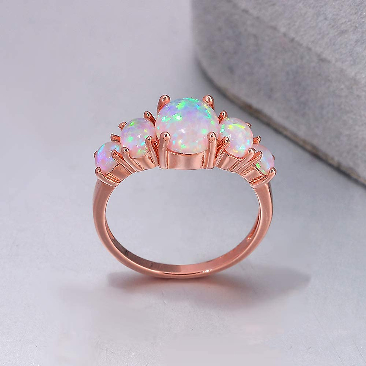 CiNily 14K Rose Gold Plated Pink Fire Opal Ring for Women October Birthstone Engagement Wedding Ring Size 7