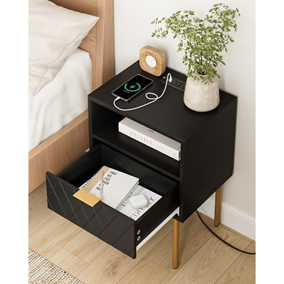 Masupu Nightstand with Charging Station,Mid-Century Modern Bedside Table with Storage Drawer and Open Wood Shelf,Small Gold Frame Side Table for Bedroom,Living Room(Black)