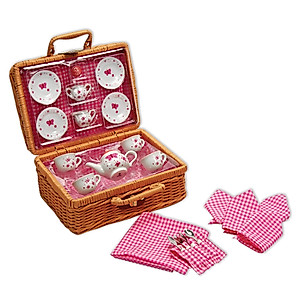 Schylling Brand Classic Porcelain Butterfly Tea Basket Set - 24 Piece Miniature Tea Set - 1.25" Tall Tea Cups - Includes Latching Picnic Basket - Ages 8-10