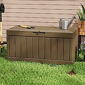 Greesum 82 Gallon Resin Deck Box Large Outdoor Storage for Patio Furniture, Garden Tools, Pool Supplies, Weatherproof and UV Resistant, Lockable, Brown