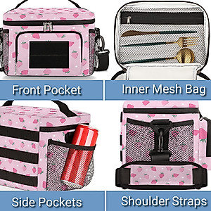AUUXVA Cute Strawberry Tactical Lunch Bag for Men Women Adult Work Beach Picnic, Polka Dot Pink Lunch Box with Shoulder Strap Meal Prep Organizer Heavy Duty