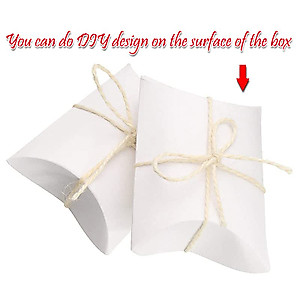AKOAK Kraft Paper Pillow Box, Candy Favor Gift Boxes for Wedding Birthday and Christmas,Pack of 50 with 50 Pcs Jute Twines (White)