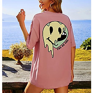 MISSACTIVER Women Oversized Graphic Print Tee Shirt Loose Short Sleeve Round Neck Drop Shoulder Tee Top Pullover Pink