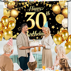 KatchOn, Happy 30th Birthday Backdrop - Large, 72x44 Inch | Black and Gold 30th Birthday Decorations | Happy 30th Birthday Banner for 30th Birthday Party Men, Women