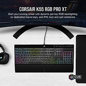 Corsair K55 RGB PRO XT - Dynamic Per-Key RGB Backlighting - Six Macro Keys with Elgato Stream Deck Software Integration-IP42 Dust and Spill-Resistant-Detachable Palm Rest-Media and Volume Keys-Black