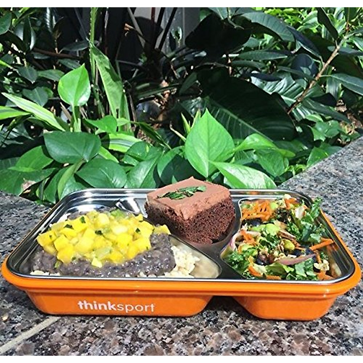 Thinksport GO2 Travel Lunch Container with Airtight Lid and Fork & Spoon| BPA-Free, Stainless Steel Removable Interior, Each Compartment Seals, No Food Migration - Orange, GO2ORANGE