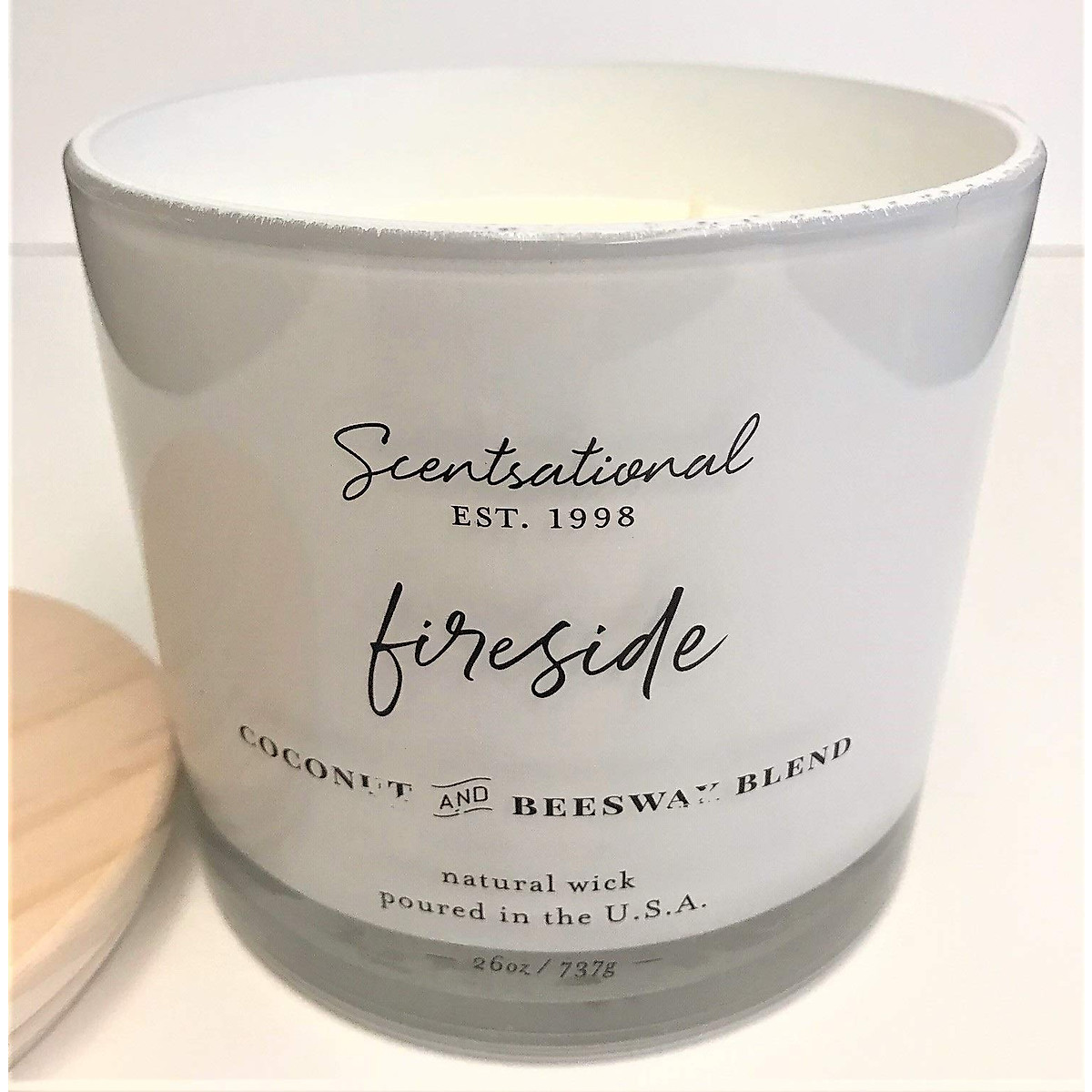 Scentsational Candle Co. Natural Coconut Beeswax Blend Scented Candle Fireside XL Glossy White Jar with Wooden Lid, 26 Oz. White, Black S_FS_C_XL