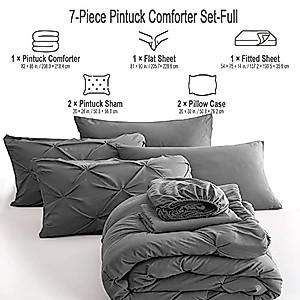 Ubauba Bedding Sets Full Size with Sheets-Pintuck 7 Pieces Bed in a Bag Grey Bed Set with Comforters, Sheets, Pillowcases & Shams,Bedding Comforters & Sets,(Grey,Full)