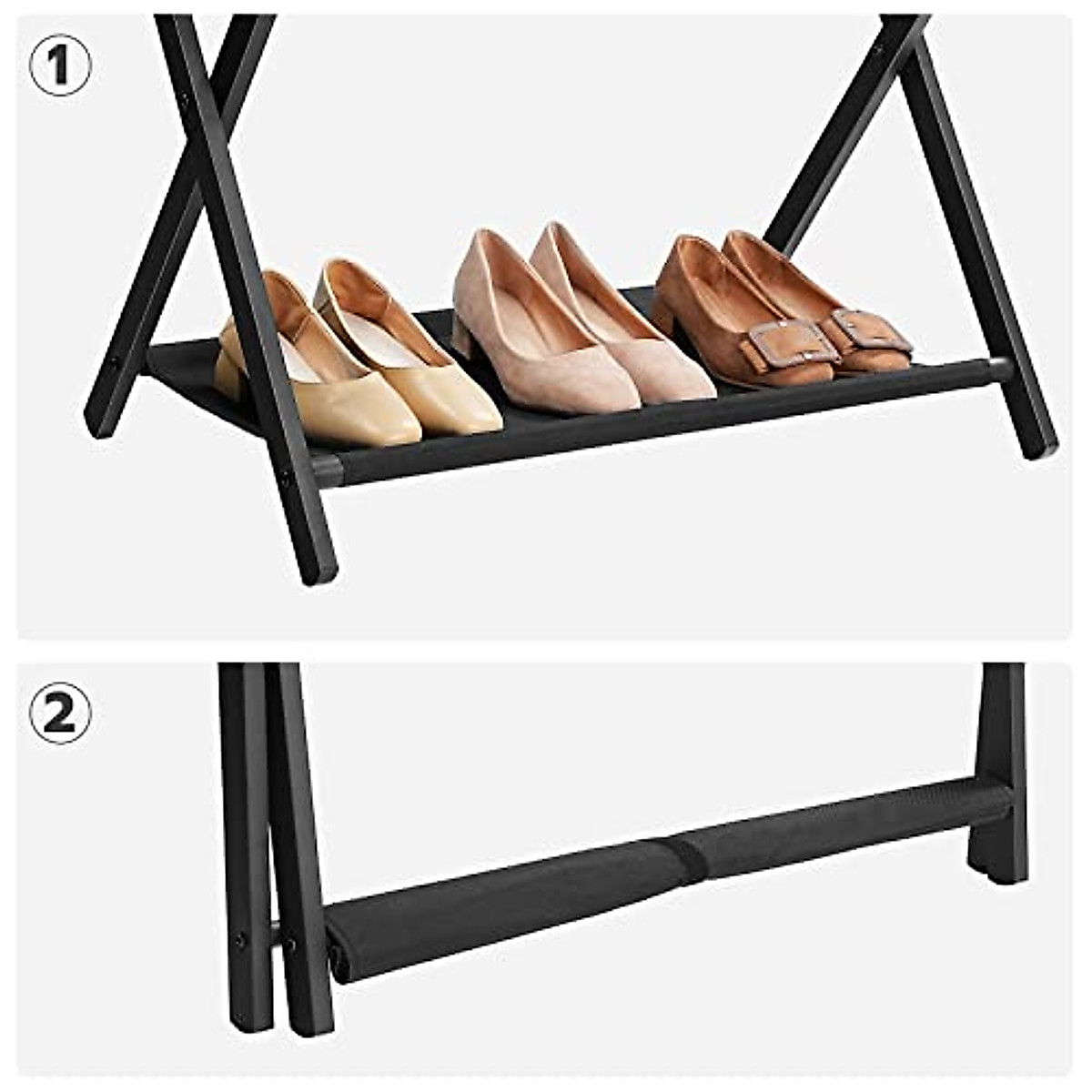 HOOBRO Folding Luggage Racks, Set of 2, Metal Suitcase Stands with Fabric Storage Shelf for Guest Room, 25.4 x 16.5 x 24.2 Inches, Holds up to 100 lb, Closet, Hotel, Bedroom, Black BK05XLP201