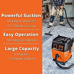 Fein Turbo I Wet/Dry Dust Extractor - 5.8-Gallon Capacity, 151 CFM Suction, Anti-Static System, Quiet 66 dB Operation - Includes Hose and Filter - 92035236090