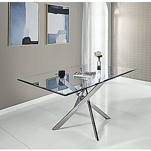 Yoluckea Modern Rectangular Glass Table Tempered Glass Dining Table with Stainless Steel Base Clear Beveled Edges Glass Kitchen Table for Home Kitchen Dining Room 51.20"W x 31.50"D x 29.50"H Silver