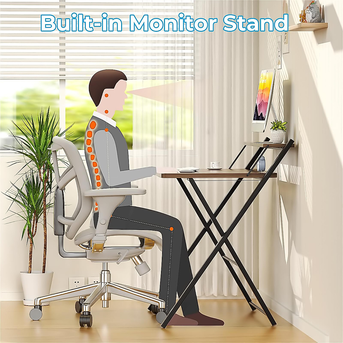 GreenForest Folding Desk No Assembly Required Small Size, 2-Tier Foldable Computer Desk with Shelf for Home Office, Space Saving Portable Laptop Study Foldable Table for Small Spaces, Brown