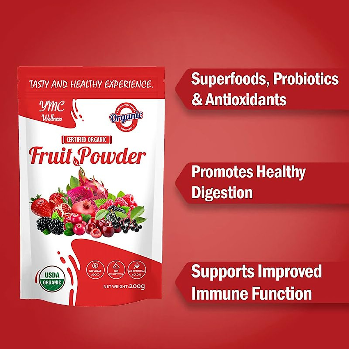 Organic Superfood Fruit Powder Smoothie & Juice mix - Antioxidants Rich Nutrients. Digestive Health, Weight Management, Immune Boosting, Energy boosting, Vitality, Vegan, Non- GMO, Gluten Free, Vegan.