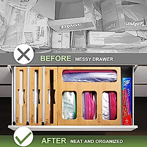 7-in-1 Ziplock Bag Organizer with Wrap Dispenser Cutter - Storage for Gallon, Quart, Sandwich, Snack Bags, Wax Paper, Foil, and Plastic Wrap - Kitchen Drawer or Wall Mounted Storage Solution