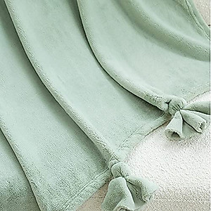 Amélie Home Fleece Throw Blankets with Knot Fringe,Sage Green,50"x60"