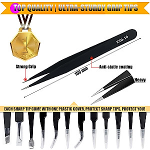 Antonki 12 Pack Precision Tweezers Set, Point and Slant Metal Tweezer Kits for Craft, Soldering, Jewelry, Ingrown Hair, Eyelash Extension, Eyebrow - with Case