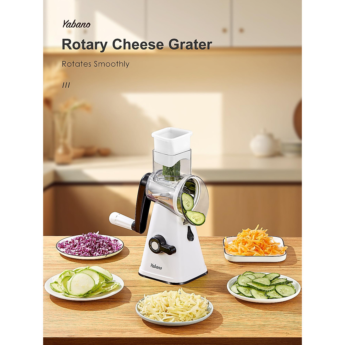 Yabano Rotary Cheese Grater Cheese Shredder with Handle, Vegetable Slicer for Kitchen, 3 Replaceable Stainless Steel Drum Blades, Easy To Use & Clean, Manual Nuts Grinder with Cleaning Brush, White