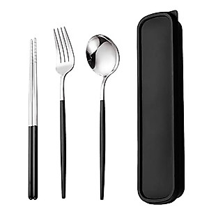 AXIAOLU Travel Utensils, Stainless Steel 4pcs Cutlery Set Portable Camp Reusable Flatware Silverware, Include Fork Spoon Chopsticks with Case (Black)