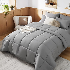 Bedsure Grey Comforter Set Queen - 7 Pieces Solid Bed in a Bag, Queen Bed Set with Comforter, Sheets, Pillowcases & Shams