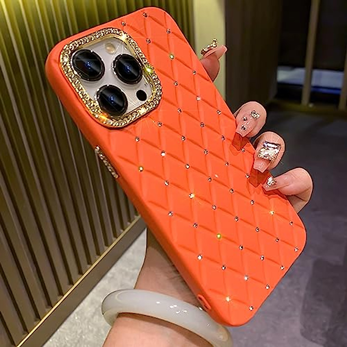 Changjia for iPhone 13 Pro Max Glitter Bling Case for Women, Cute Bling Rhinestones Diamond Sparkle Shiny Soft TPU Silicone Shockproof Slim Girls Protective Case for iPhone 13 Pro Max 6.7Inch (Orange)