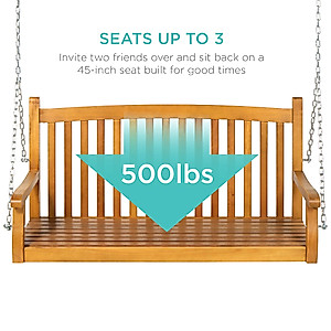 Best Choice Products 48in Wood Porch Swing Outdoor Patio Hanging Bench Chair Furniture for Deck, Garden, Yard w/Mounting Chains, Curved Back Design, 500lb Weight Capacity - Brown
