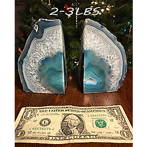 AMOYSTONE Teal Agate Bookends Geode Book Ends Heavy Duty Bookend Holder Decor with Rubber Bumpers Small(1 Pair, 2-3 LBS)