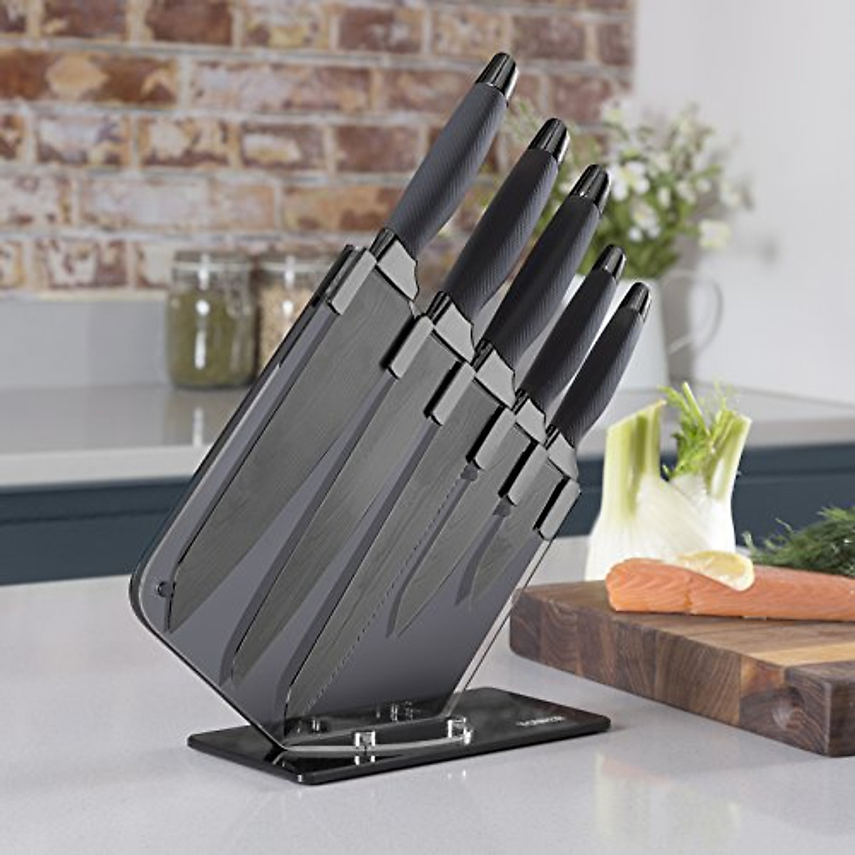 Tower Kitchen Stainless Steel Blades and Acrylic Stand, 5-Piece Knife Set, Black Damascus Effect