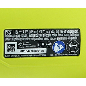 Ryobi P421 6500 RPM 4 1/2 Inch 18-Volt One+ Lithium Ion-Powered Angle Grinder (Battery Not Included, Power Tool Only)