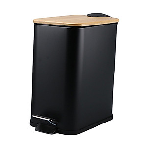 Step Trash Can with Bamboo Lid Kitchen Wastebasket Rubbish Container Modern Foot Pedal Garbage Bin for Sunroom Entryway Home, Black