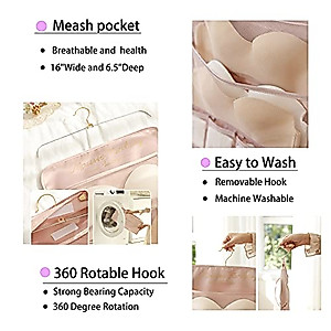 Hanging Closet Shelves Organizer and Storage for Wall with Mesh Pockets & Rotating Metal Hange, Space Saving Dual-Sided for Underwear Panties Bra Socks (Pink, Expand 26 Pocket,1Pc)