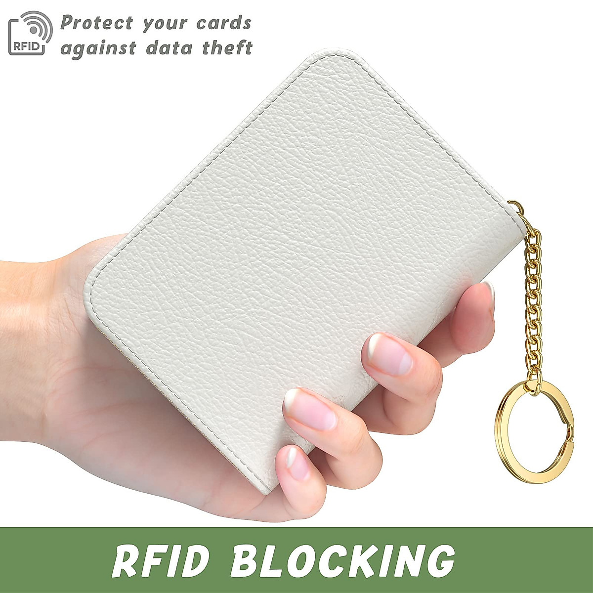 Aiawoxc Credit Card Holder for Women, Small RFID Card Wallet Slim Leather Business Card Organizer Case with Zipper & Keychain(White)