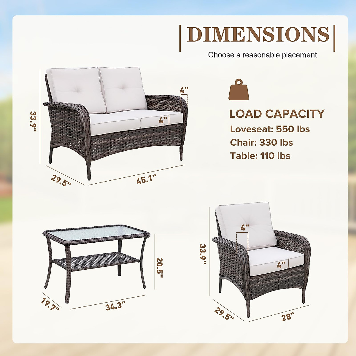 INTER HUT 4-Piece Outdoor Furniture Set - PE Rattan Wicker Loveseat, 2 Chairs, and Steel Table Conversation Set for Patio, Backyard, Poolside and Lawn
