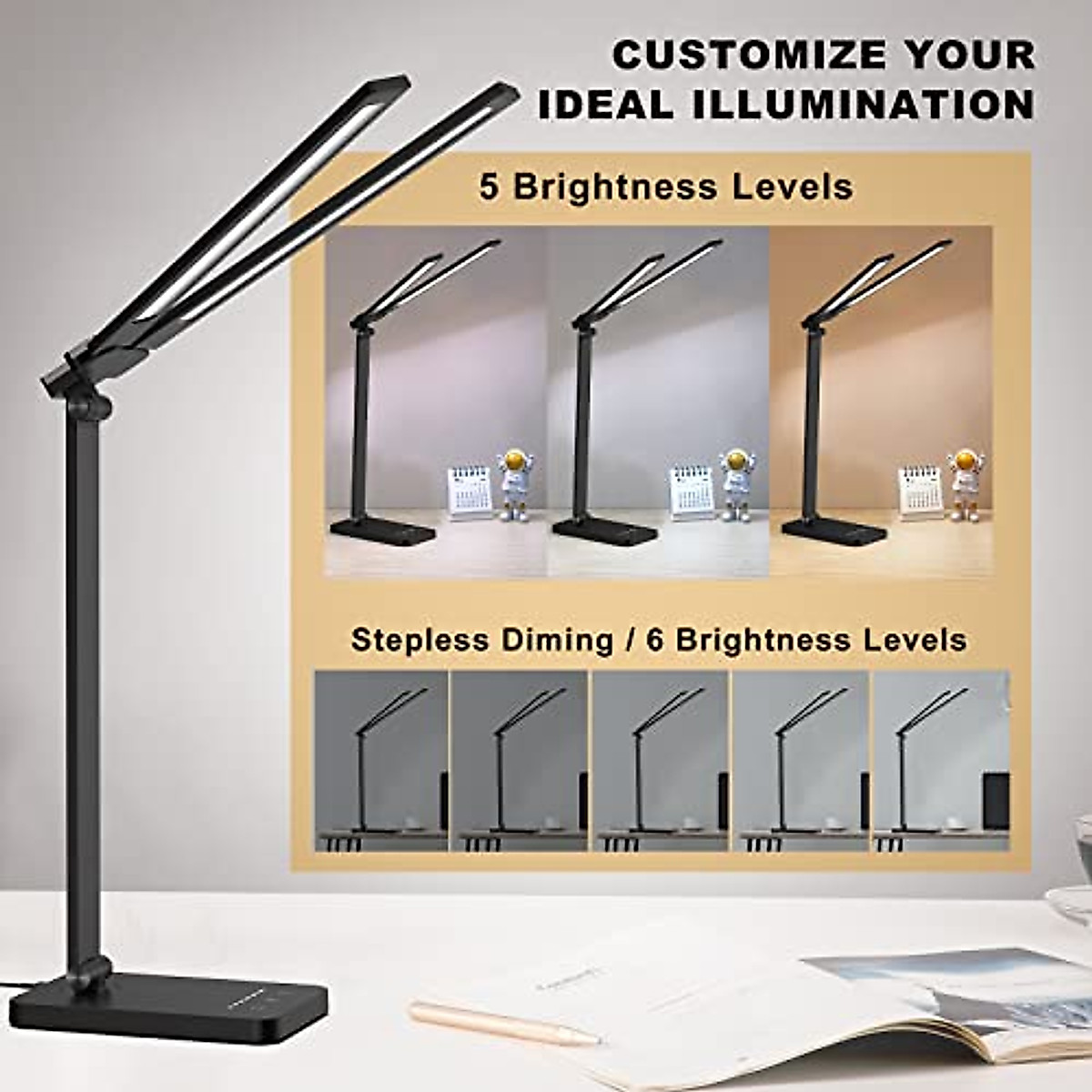 DioFgt Double Head LED Desk Lamp,Dual Swing-arm Table Lamp for Home Office,5 Color Modes and 5 Dimmable,Modern Eye-Caring Piano Lamp with 30/60 min Auto Timer,Touch Control, USB Charging Port