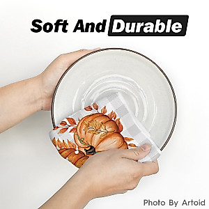 Artoid Mode Orange Buffalo Plaid Leaves Pumpkin Fall Kitchen Towels Dish Towels, 18x26 Inch Farmhouse Decoration Hand Towels Set of 2