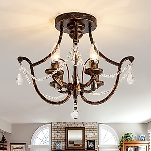 UOFUS Vintage Semi Flush Mount Crystal Chandelier Oil Rubbed Bronze 4-Light Small Metal Ceiling Light Fixture Farmhouse Ceiling Lamp for Foyer Kitchen Entryway Hallway Bathroom Bedroom Dining Room