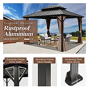 GARTOO 10x12FT Outdoor Galvanized Steel Top Gazebo with Double Roof - Heavy-Duty Hardtop Gazebo with Breathable Netting & Zipper Curtains for Patio, Porch, Garden, Lawn, Deck, Backyard