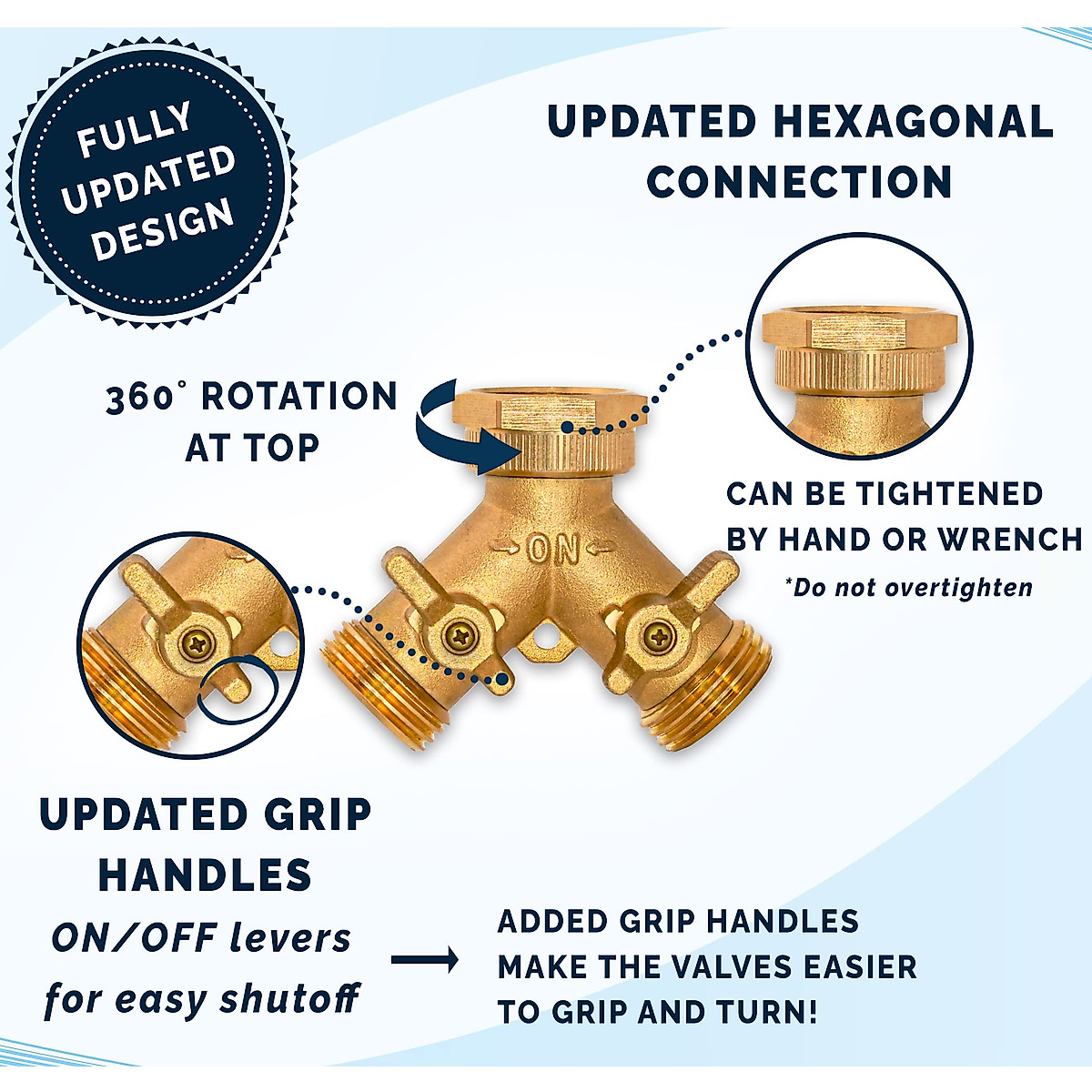 Morvat Heavy Duty Brass 2 way Y Splitter Garden Hose Hexagonal Connector with Comfortable Grip Shut Off Valves, Adapter for Water Tap, Outlet, & Spigot, Includes 2 Extra Rubber Washers & Teflon Tape
