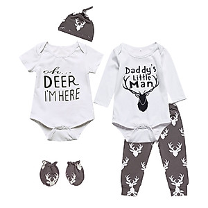 bakjuno Baby Boy Deer Theme Outfit Newborn Boy Oh Deer I'm Here Clothes Daddy' Little Man Shower Infant Hunting Romper Pants Set (0-3 Months, White03)