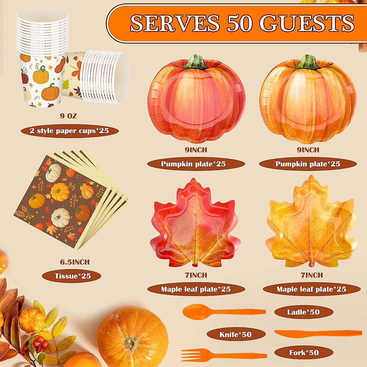 Suttmin 350 Pieces Thanksgiving Disposable Dinnerware Set, Serves 50, Thanksgiving Paper Plates Pumpkin Napkins Fall Cups Cutlery for Fall Autumn Harvest Party Decorations