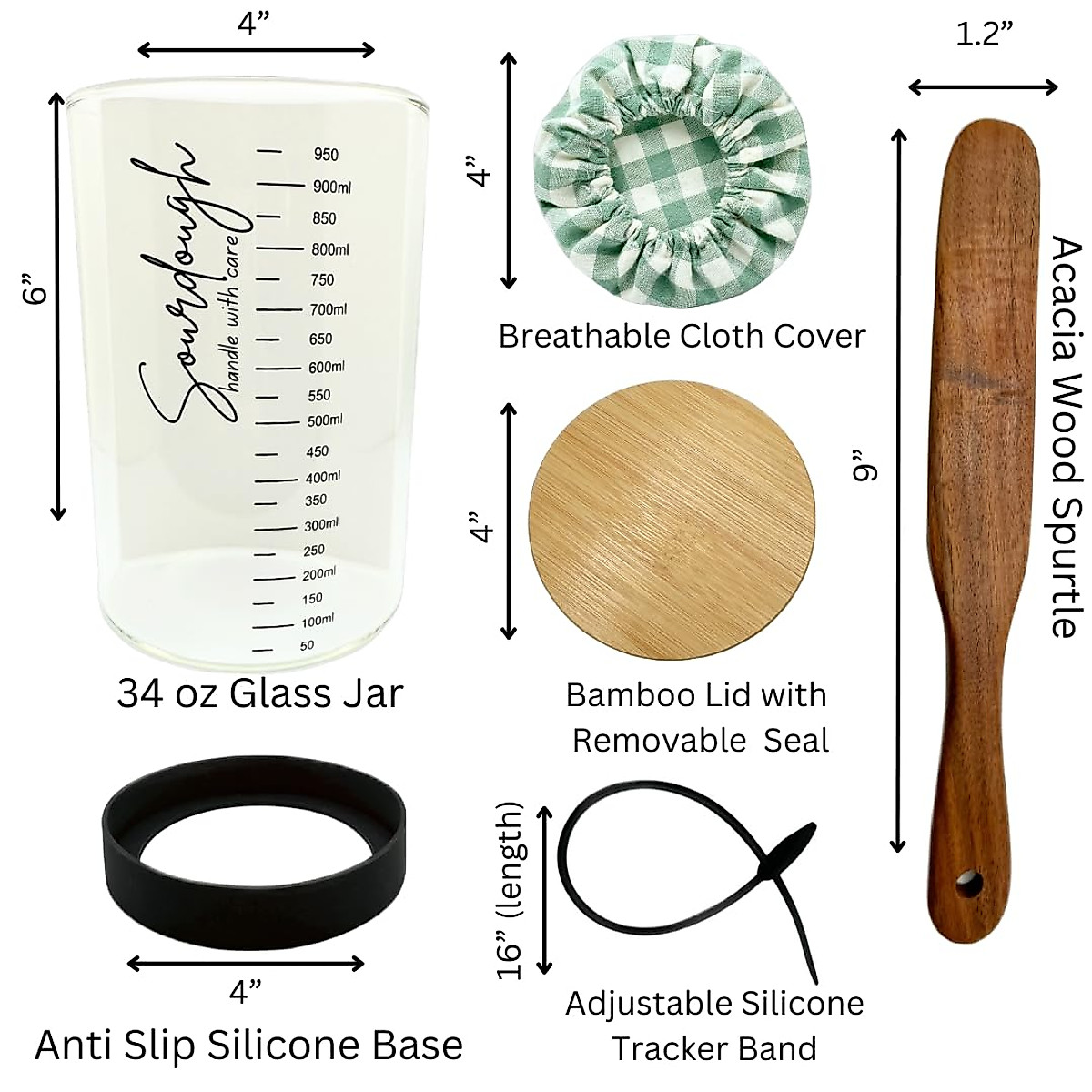 Sourdough Starter Kit - Sourdough Kit Includes Wooden Spurtle, Glass Jar w/ Bamboo Lid, Cloth & More - Non-Slip Silicone Base Sourdough Bread Baking Supplies - Bread Making Kit for Beginners & Pros
