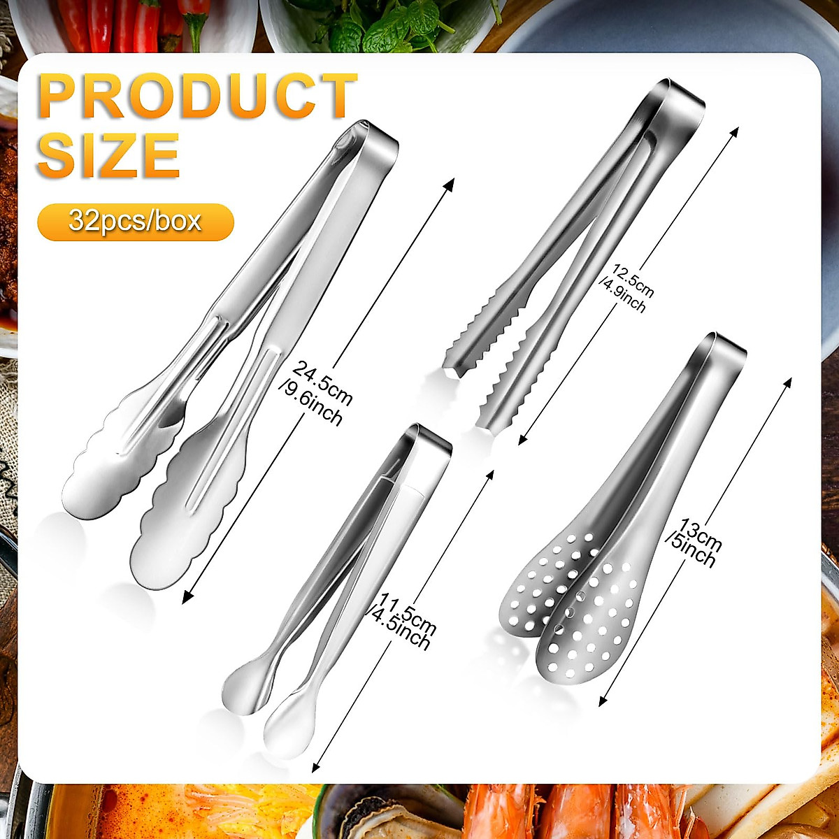 Mumufy 32 Pcs Mini Serving Tongs Buffet Serving Utensils Stainless Steel Small Tongs Catering Kitchen Tongs for Appetizer Tea Party Coffee Bar Food Ice Salad Barbecue Cookies Sugar, 4 Styles (Silver)