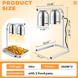 VIHOSE Commercial Food Heat Lamp with 2 Food Pans 110V Electric Food Warmer 2 Bulbs Stainless Steel Heat Lamp Adjustable Frame for Food Preservation Restaurant Buffet Hotel Kitchen Party, Silver