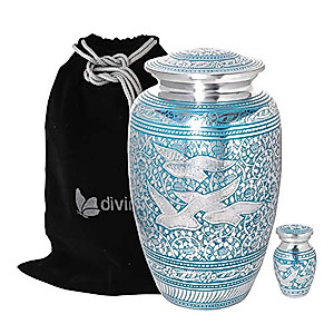 Divinityurns Wings of Love Blue & Silver Cremation Urn - Metal Cremation Urn - Handcrafted and Affordable Large Urn for Human Ashes - Adult Funeral Urn with Free Bag and Free Keepsake
