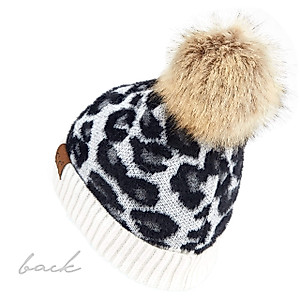 C.C Exclusives Soft Beanie hat with Leopard Pattern and Fur Pom, a Rubber Band Included (HAT-2061) (Ivory)