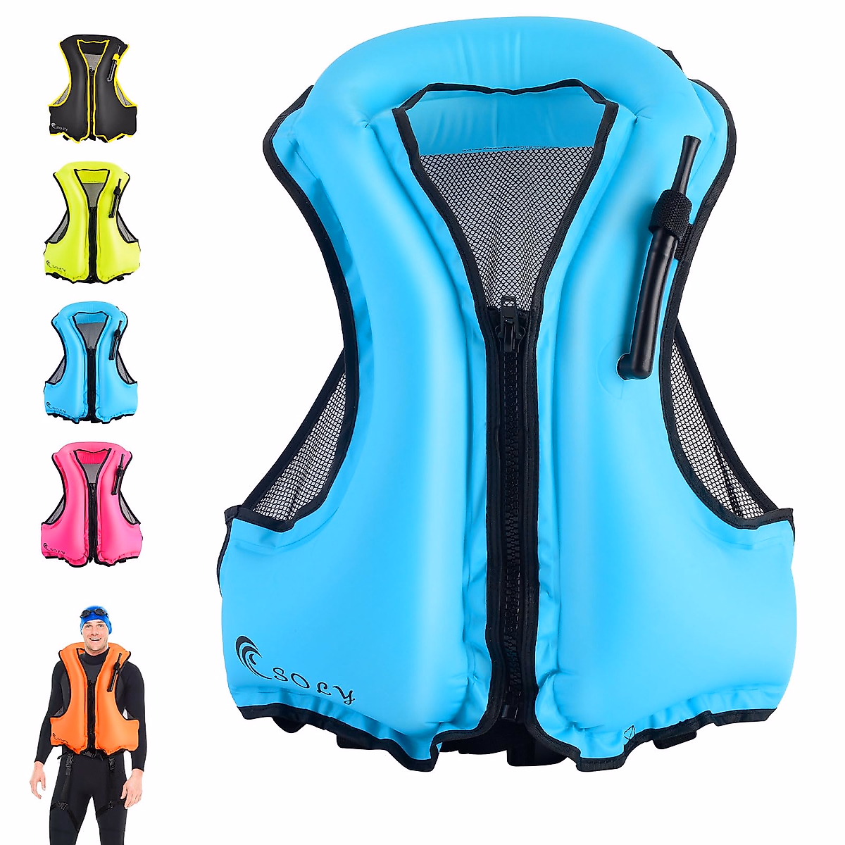 SOLY Inflatable Snorkel Jackets, Buoyancy Aid Swim Diving Jacket-Adult with Leg Straps Snorkel Vest for Swimming,Kayaking Other Low Impact Water Sports（Blue）