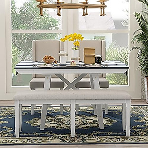HAUSHECK Classic 4-6, Modern Home Furniture Small Space with Rectangular Extendable Table w/Two 12" W Removable Leaves, Upholstered Bench & Chairs w/Wing Back, Kitchen & Dining Room Sets for 6, White