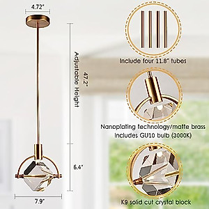 Camastar Brass Pendant Light, Cube Crystal Pendant Light Fixture for Kitchen Island, Modern Small Pendant Ceiling Dimmable Light for Dining Room, Vanity Pendant Haging Light for Bedroom