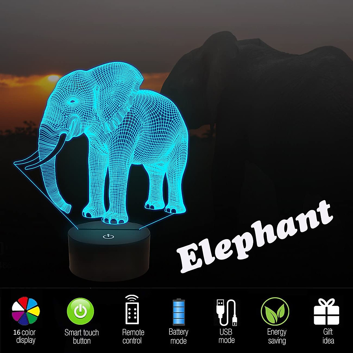 FULLOSUN Elephant Gifts, 3D Night Light for Kids 16 Colors Changing 3D Illusion lamp with Remote Control & Smart Touch, Child Xmas Birthday Gifts for Boys Age 2 3 4 5 6+ Year Old