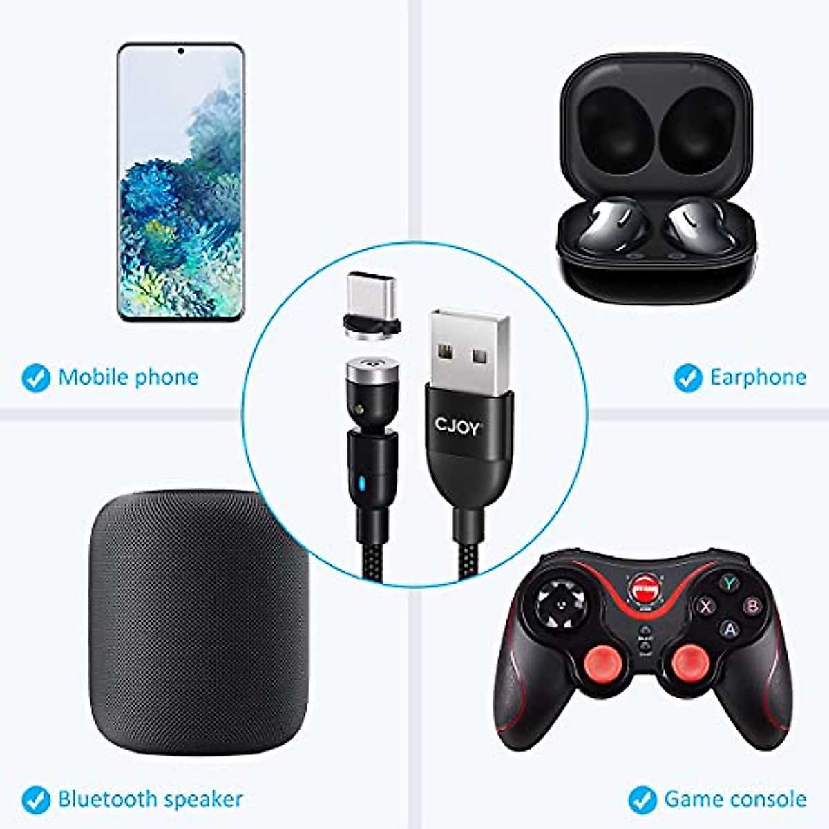 CJOY Magnetic Charging Cable(4 Pack 10ft+10ft+10ft+10ft), 540°Degree Rotation Magnetic USB Cable, Nylon Braided Magnetic Phone Charger, Charging Cable for Type C, Micro USB…