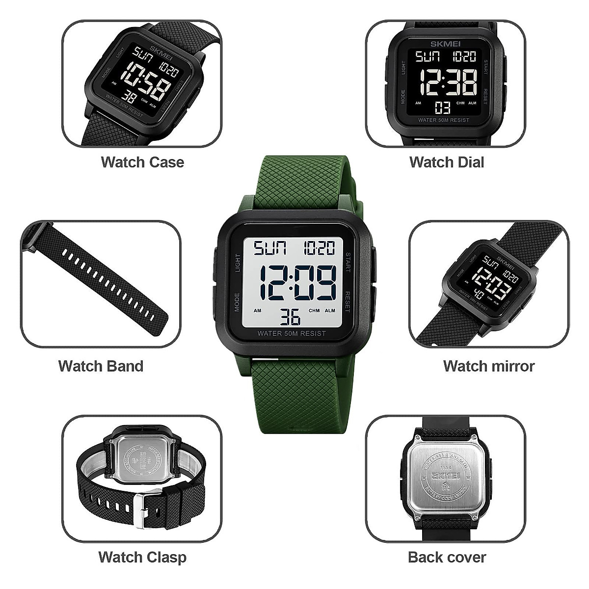 Forrader Mens Sport Digital Watches, Waterproof Outdoor Sport Watch with LED Backlight/Alarm/Countdown Timer/Dual Time/Stopwatch/12/24H Wrist Watches for Men Women Teenager, White/Green, strap